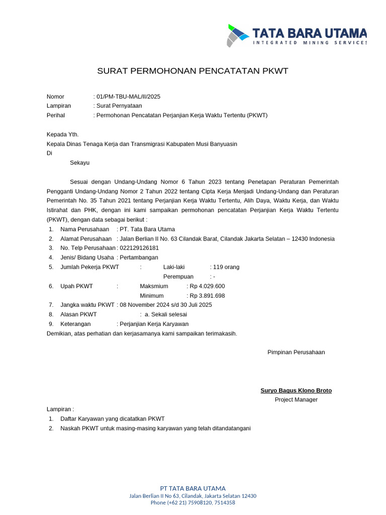 Surat Permohonan Pencatatan PKWT | PDF