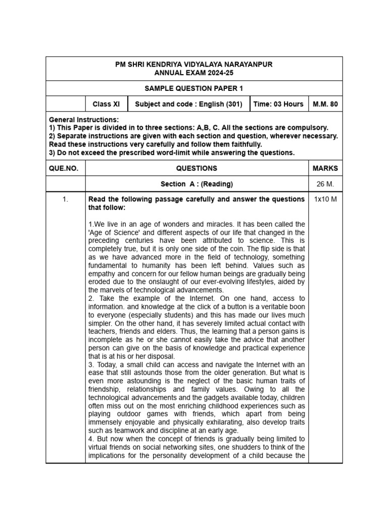 Sample Paper English Core (301) Class XI | PDF