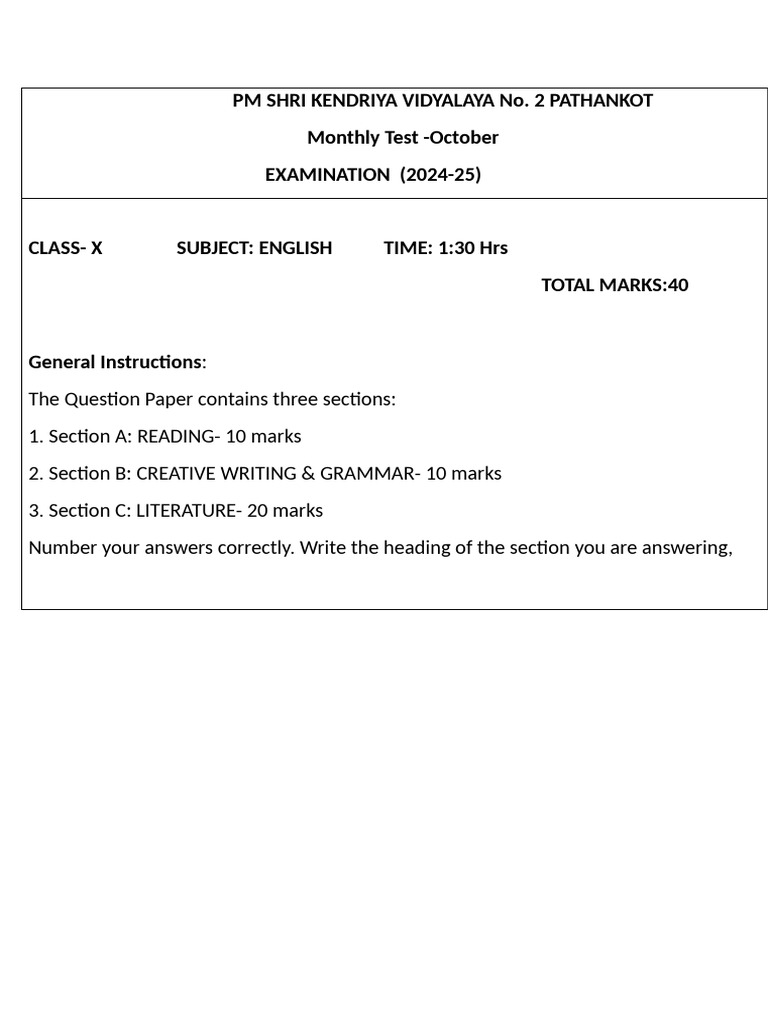October 2024 Class 10 English Test Paper | PDF | Glasses | Cataract