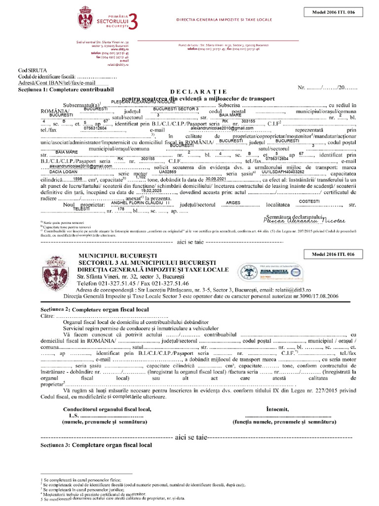 9 Declaratie Pentru Scoaterea Din Evidenta A Mijloacelor de Transpport ITL0162016 | PDF