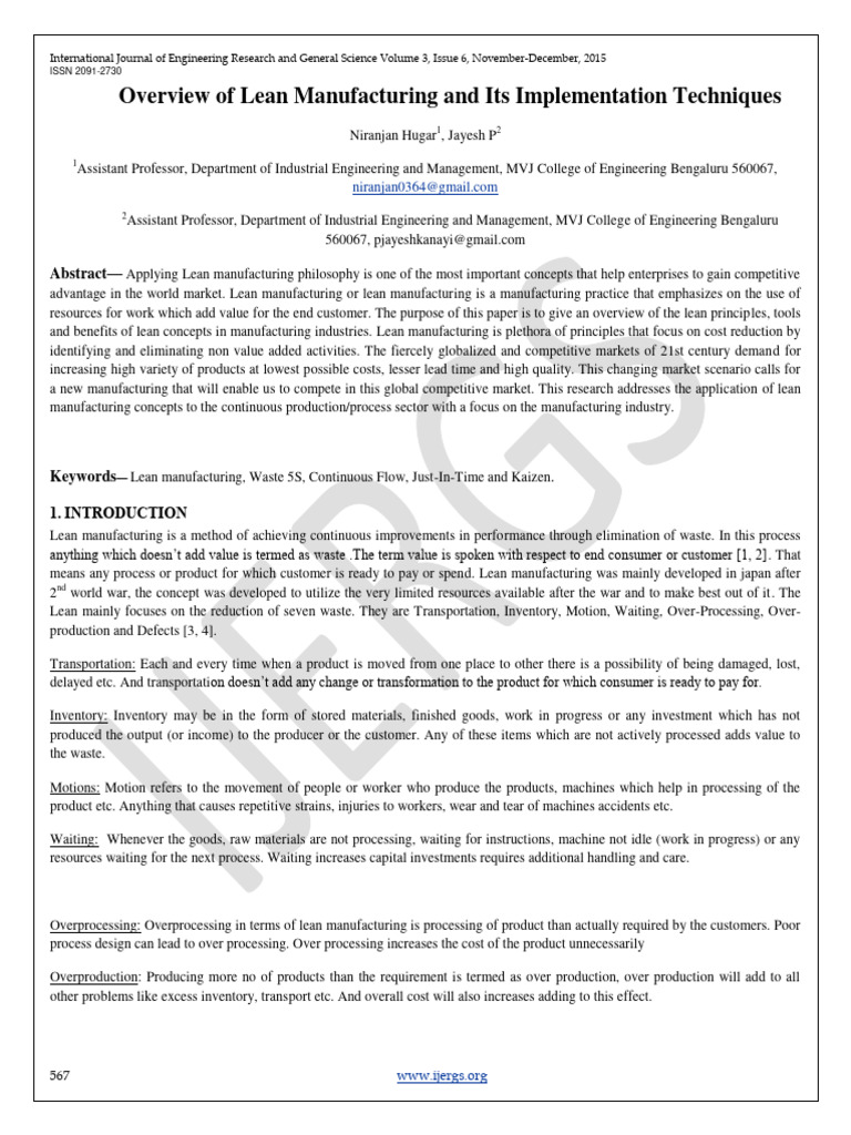 567 WWW Ijergs Org Overview of Lean Manu | PDF | Lean Manufacturing | Performance Indicator