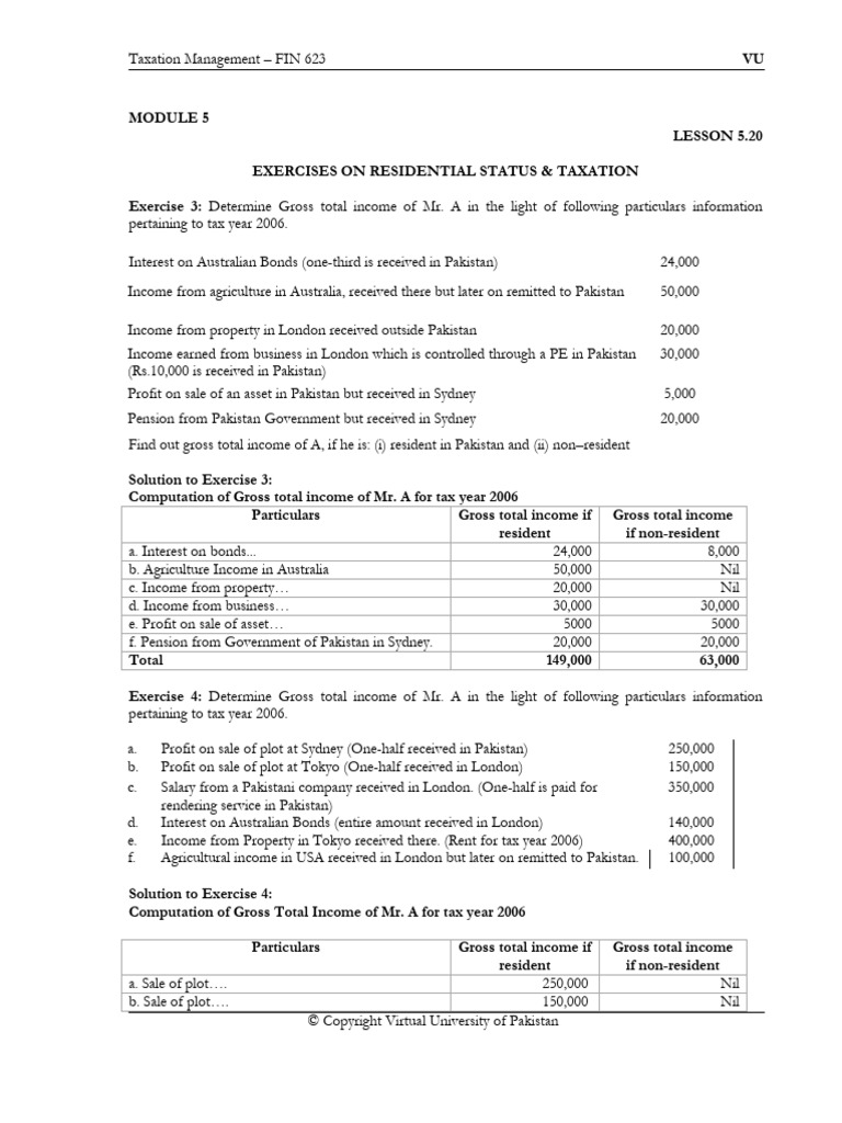 Exercises On Residential Status & Taxation | PDF | Taxes | Income