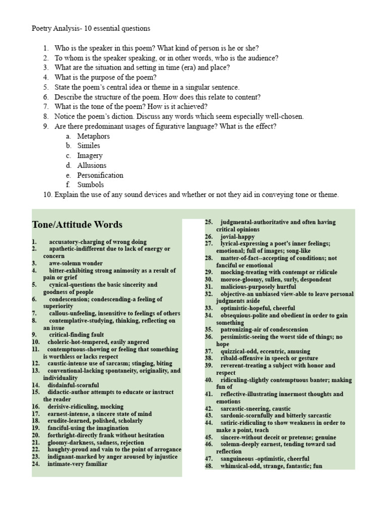 Essential Poetry Analysis Questions | PDF | Poetry