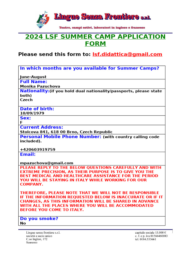 2024 Summer Camp Application Form | PDF | Allergy
