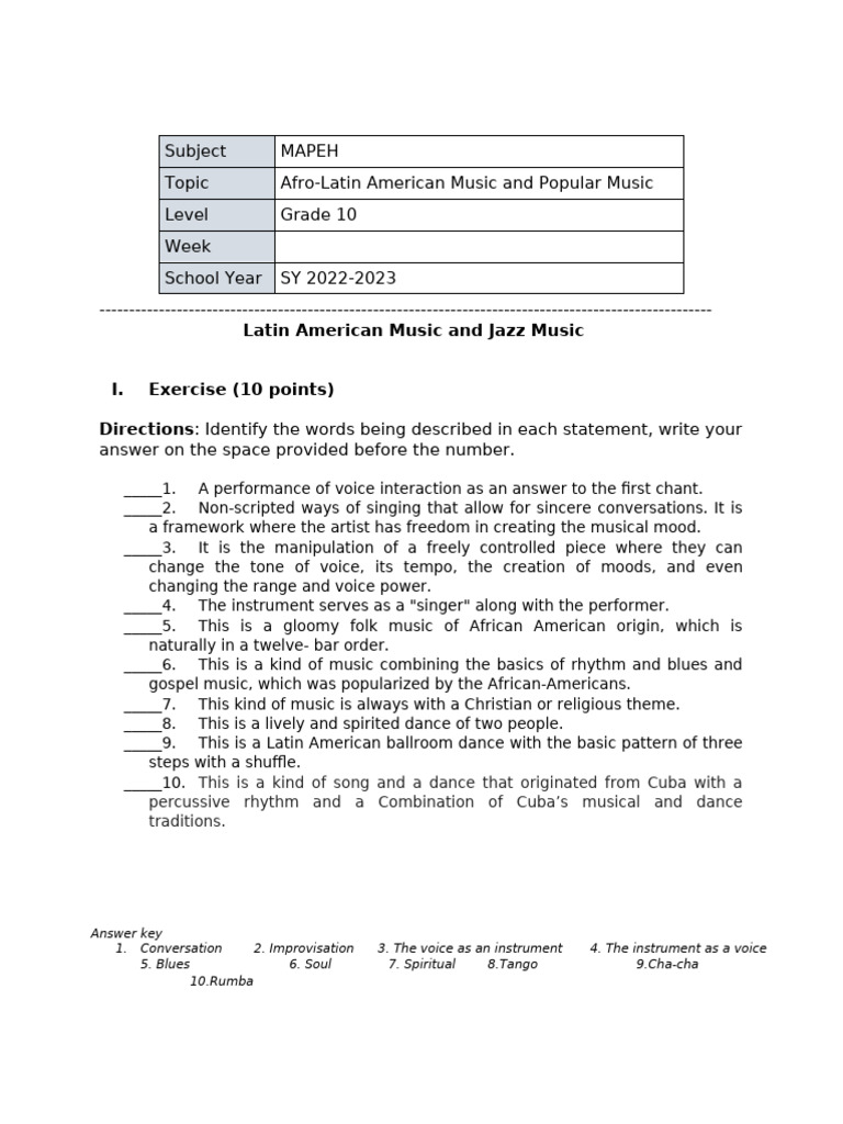 MAPEH 10 - MUSIC - Assessment | PDF | Dances | Essays
