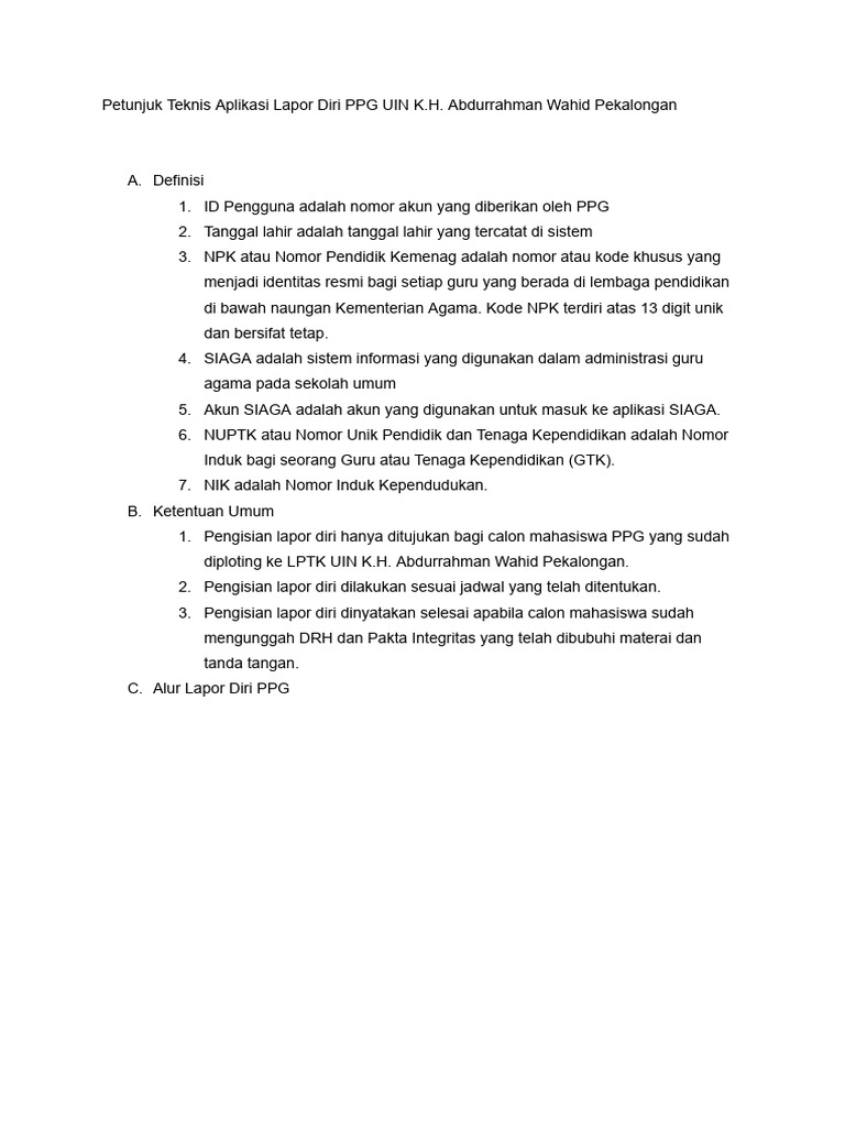 Panduan Lapor Diri PPG UIN Pekalongan | PDF