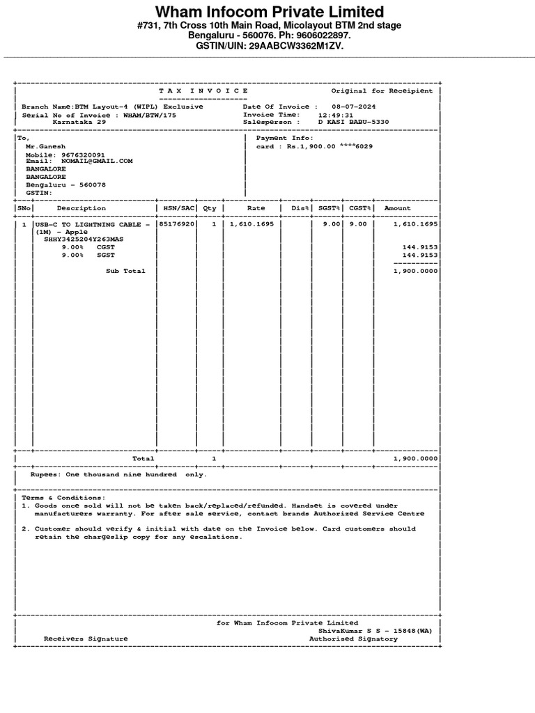 Apple - Invoice of Cable Apple | PDF | Payments