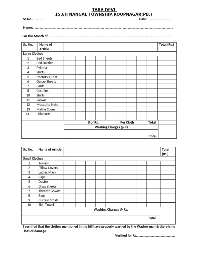 Laundry Bill Format Template | PDF