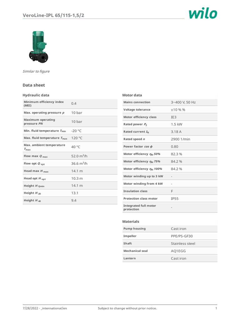 Wilo Datasheet - International - en - 2121218 - Veroline Ipl 65 115 1 5 2 | PDF | Pump ...