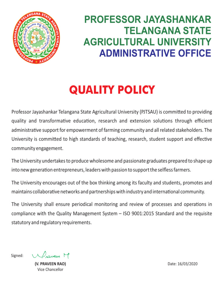 PJTSAU Quality Policy Overview | PDF