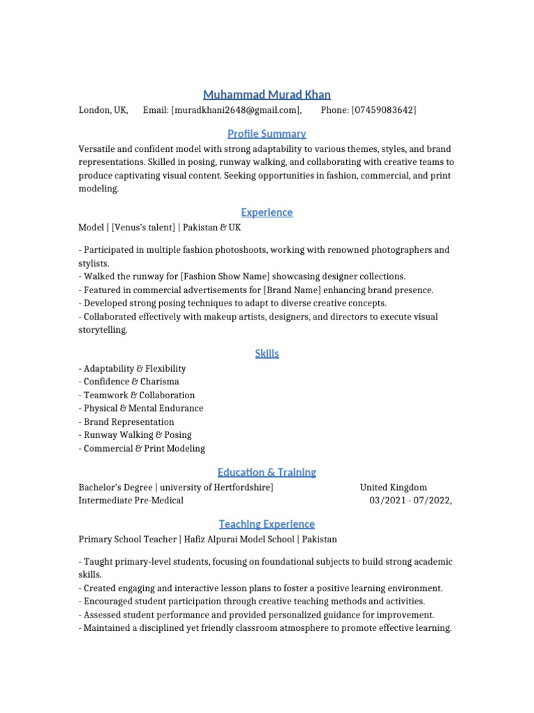 Modeling Acting Teaching CV Muhammad Usman Final | PDF