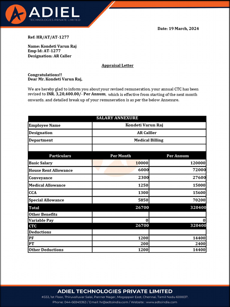 Adiel Technologies Hike Letter | PDF | Employee Relations | Wages And Salaries