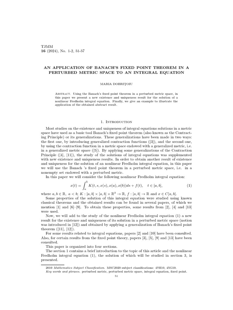 AN APPLICATION OF BANACH’S FIXED POINT THEOREM IN A | PDF | Integral Equation | Teaching Mathematics