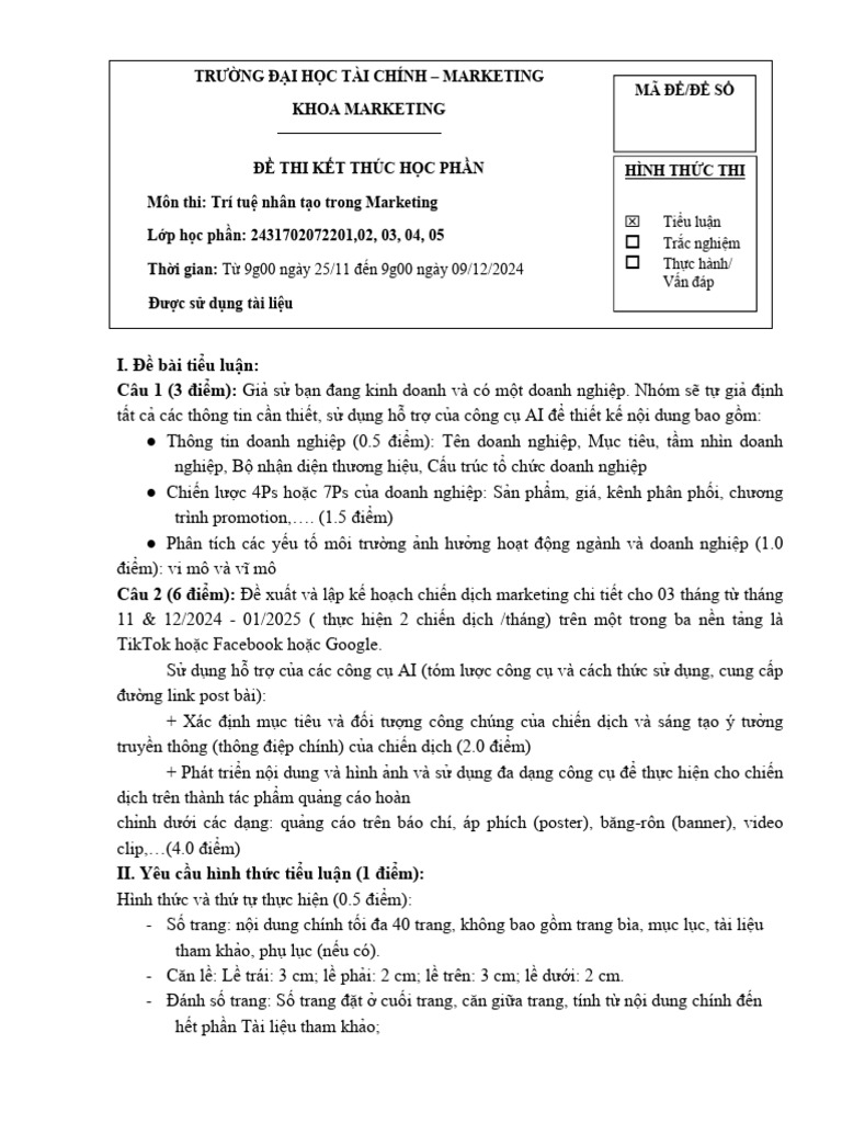 Đề Thi Trí Tuệ Nhân Tạo Trong MKT HK3-2024 | PDF