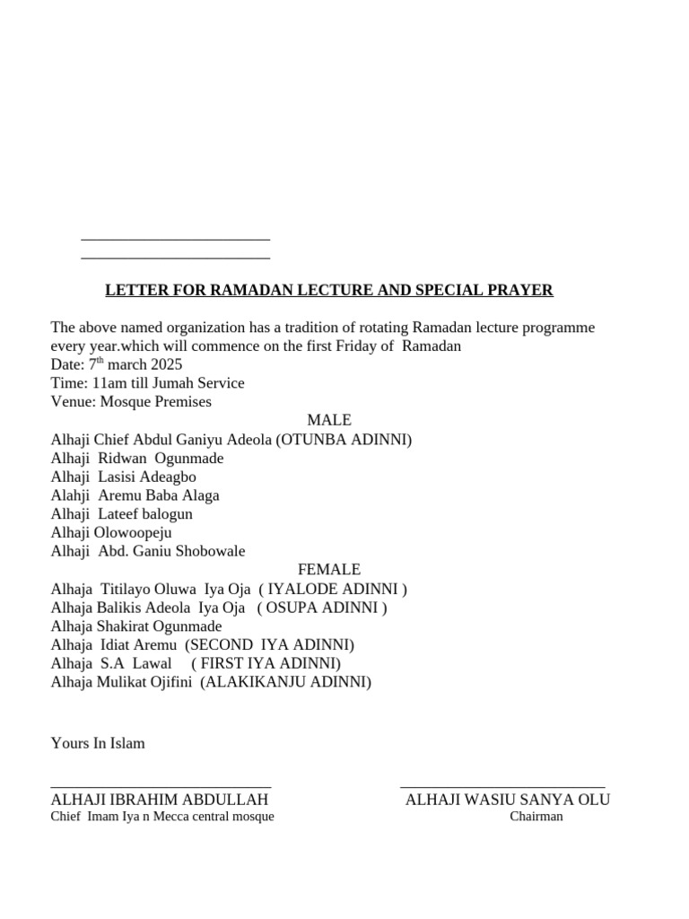 LETTER FOR RAMADAN LECTURE AND SPECIAL PRAYER | PDF