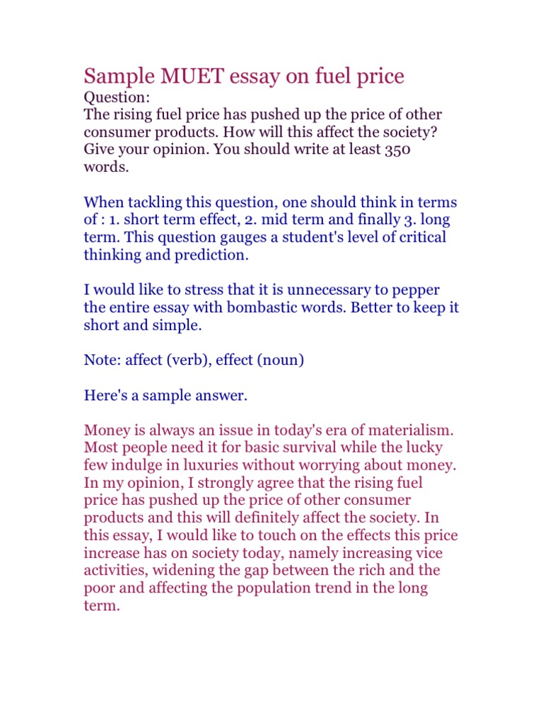 Sample MUET Essay On Fuel Price | PDF
