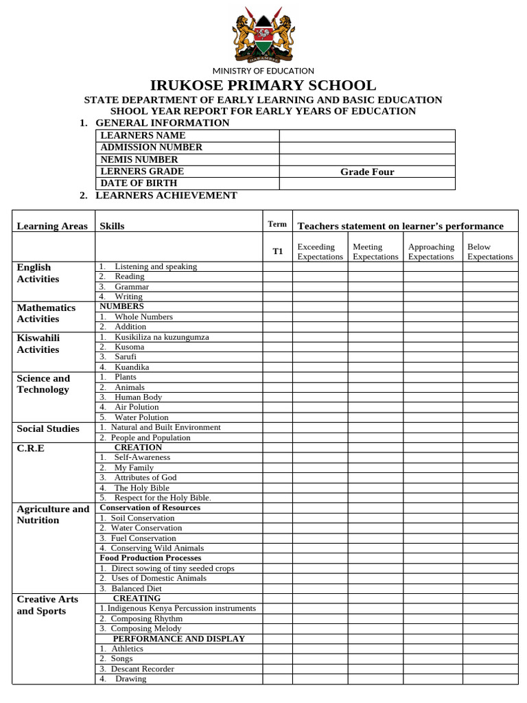 Irukose Grade 4 Report Card | PDF | Learning | Cognition