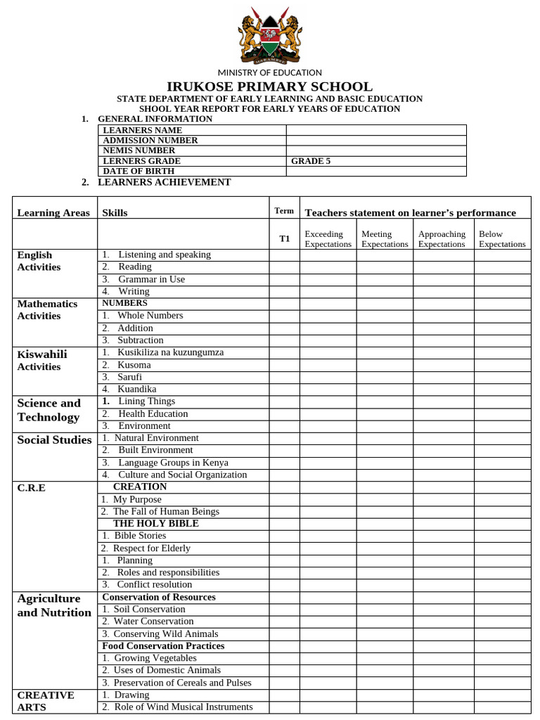 IRUKOSE Grade 5 Report Card | PDF | Learning | Human Communication