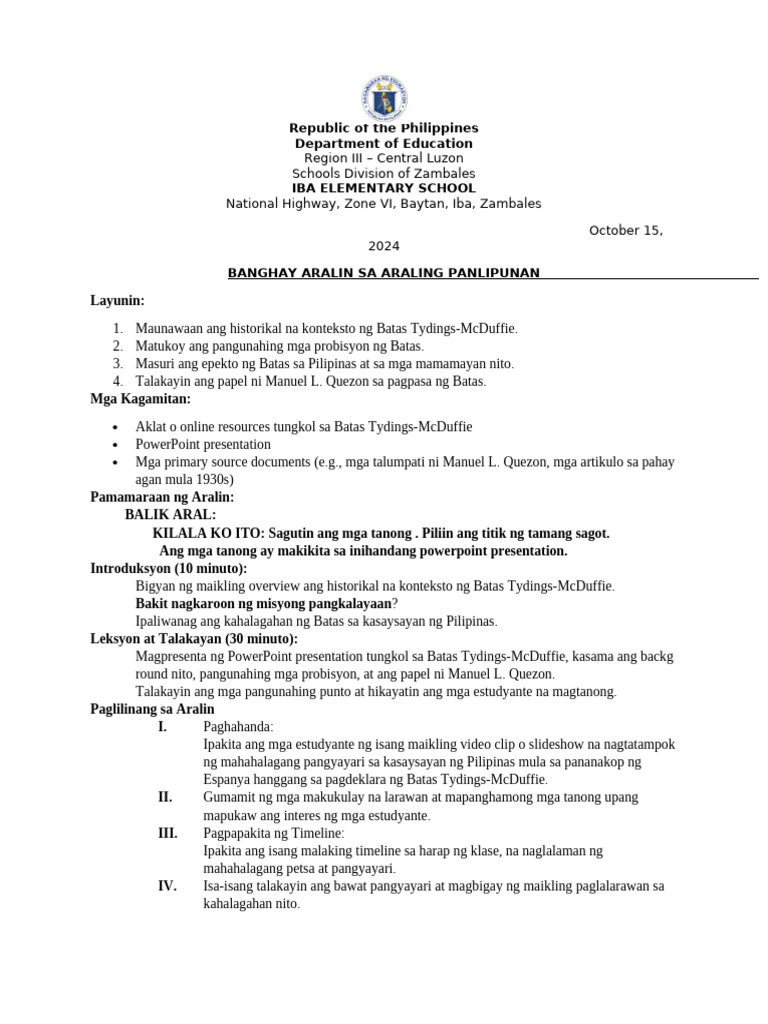 Banghay Aralin Sa Ap Batas Tydings MC Duffie | PDF