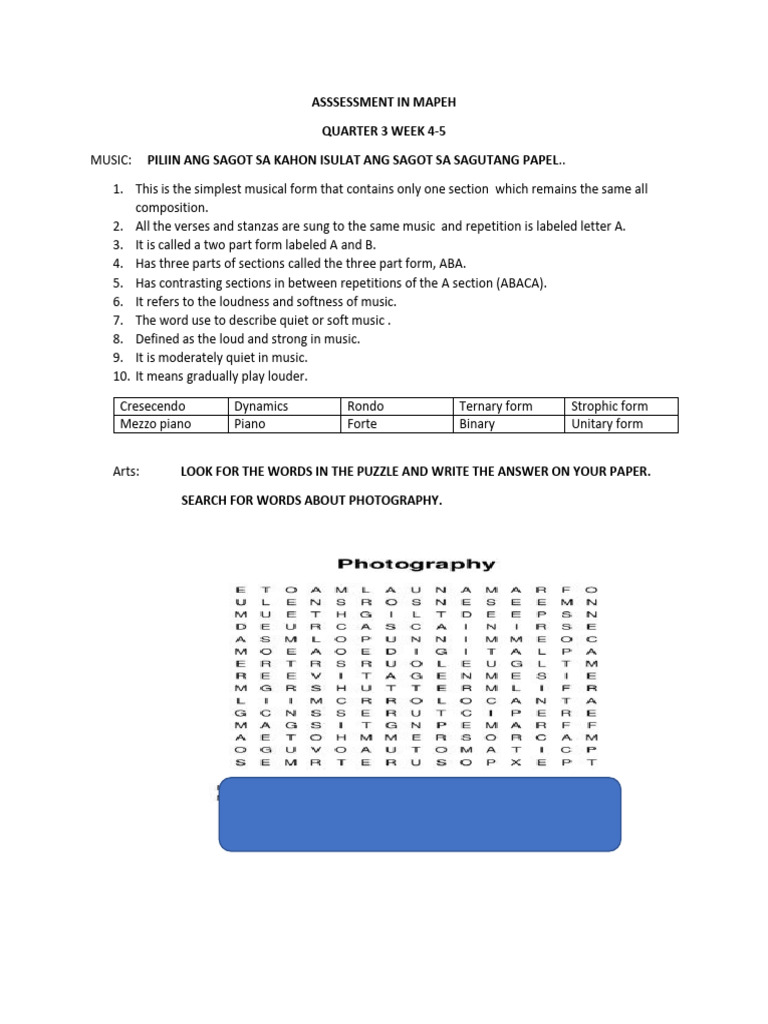 ASSESSMENT IN Mapeh. q3 w4-5 | PDF