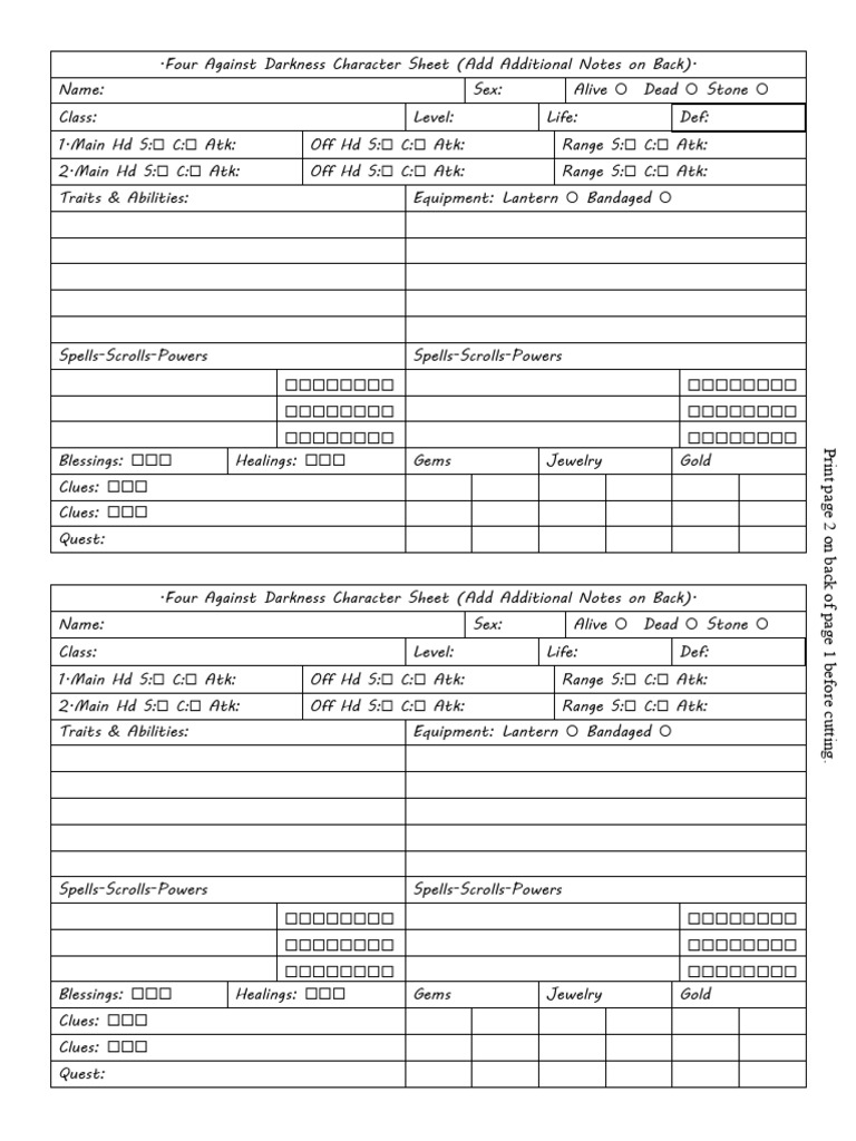 Four Against Darkness Character Sheet | PDF