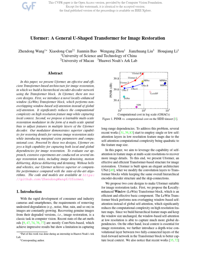 Wang Uformer a General U-Shaped Transformer for Image Restoration CVPR ...