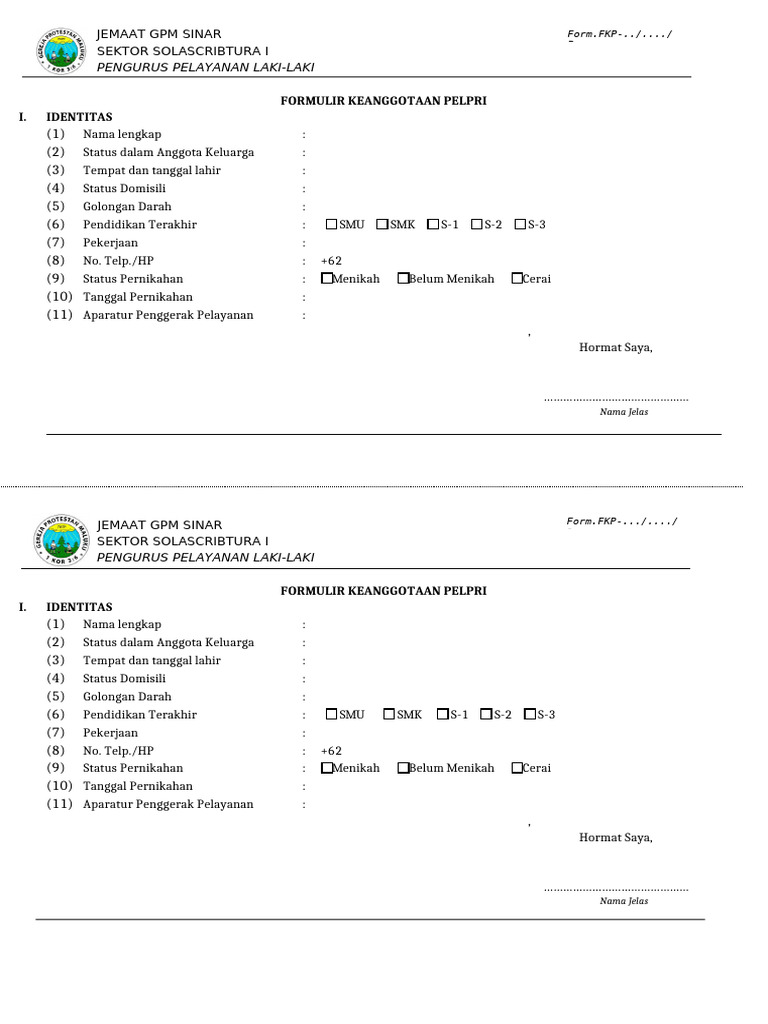 FORMULIR KEANGGOTAAN PELPRI | PDF
