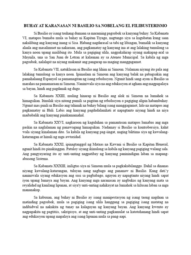 Buhay at Karanasan Ni Basilio Sa Nobelang El Filibusterismo | PDF