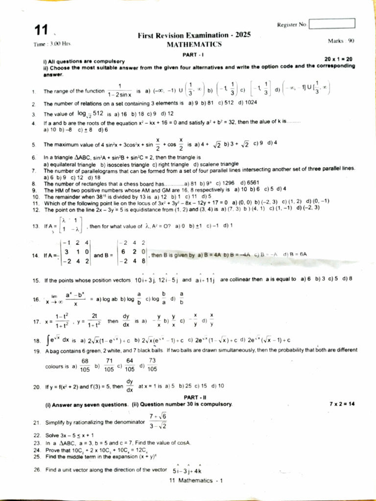 11th Maths First Revision Paper 2025 | PDF | Geometry | Elementary ...