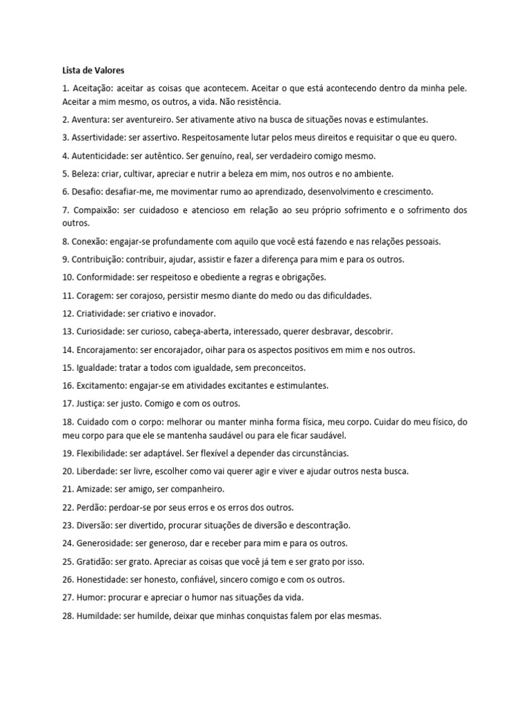 Lista de Valores Pessoais | PDF | Amor | Psicologia
