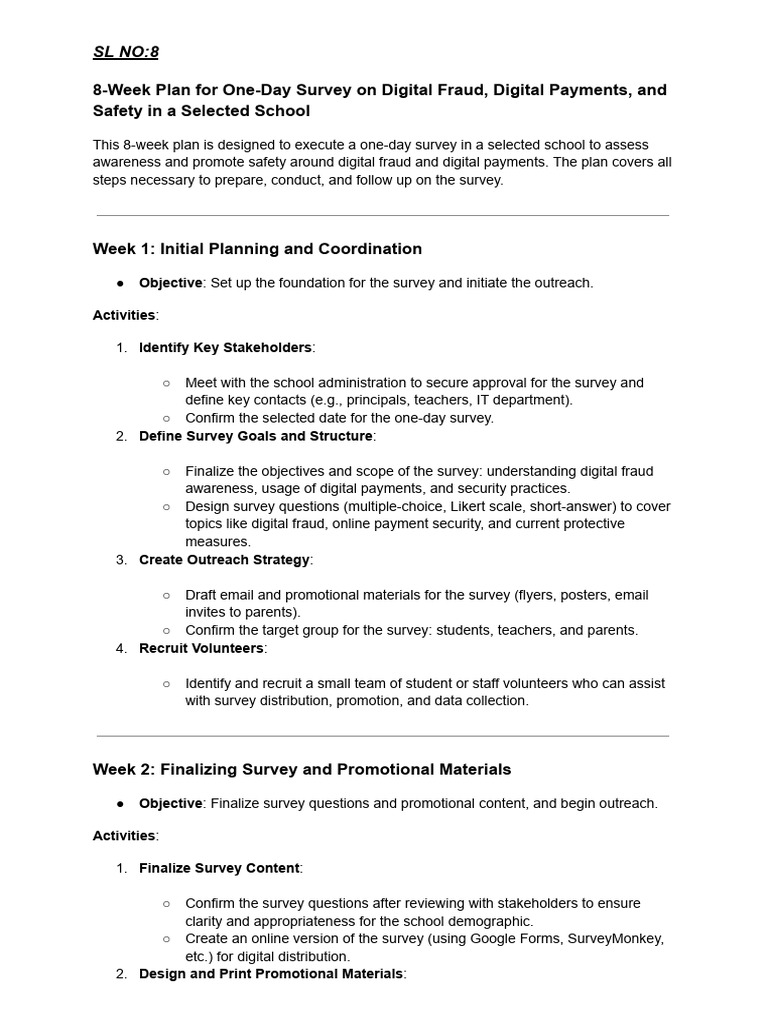 8-Week Digital Fraud Awareness Survey Plan | PDF | Data | Data Analysis