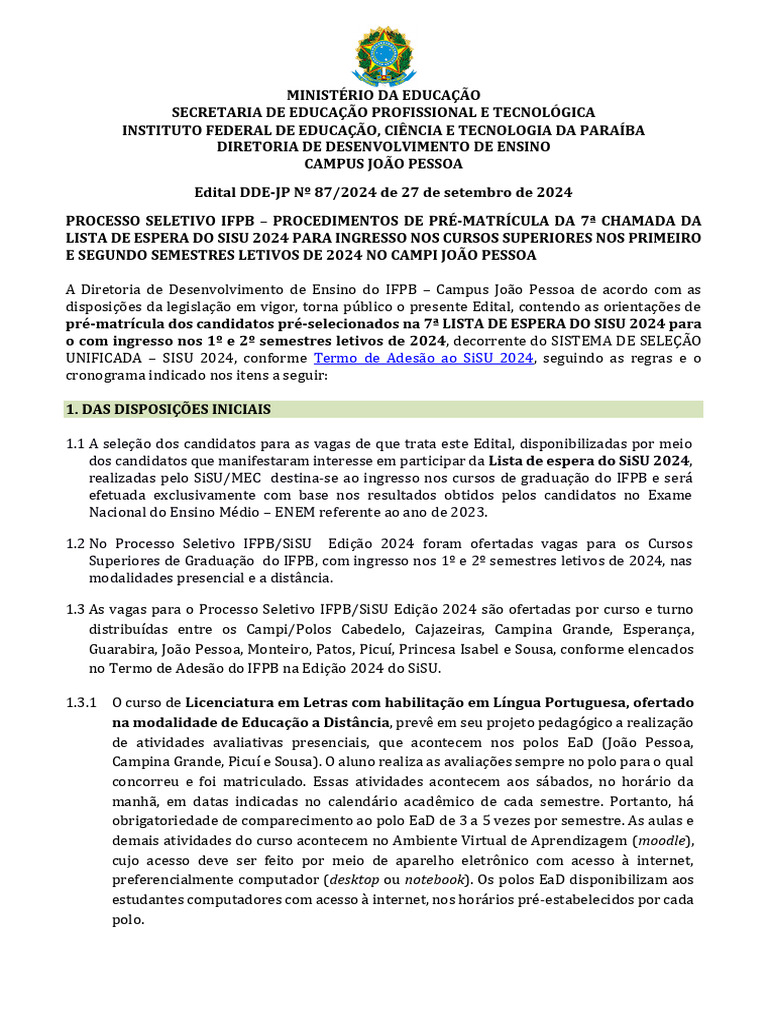 Edital Nº 87-2024 - 7 Chamada Da Lista de Espera - SiSU 2024 - Campus João Pessoa | PDF ...