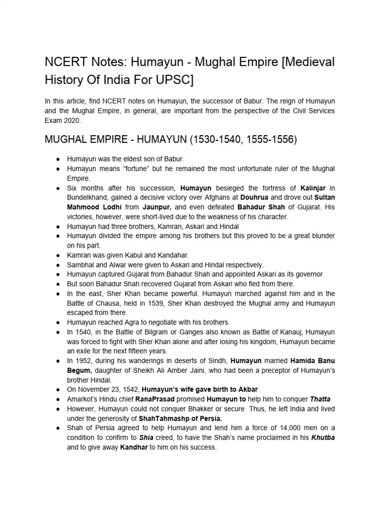 NCERT Notes - Humayun Mughal Empire Medieval History of India For UPSC ...
