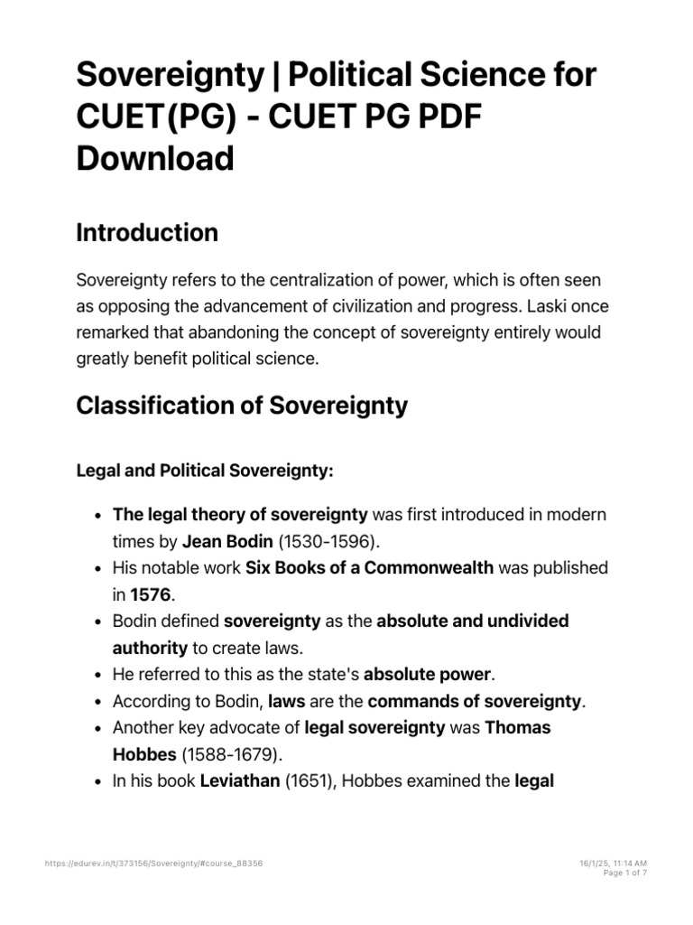 Sovereignty - Political Science For CUET (PG) - CUET PG PDF Download ...