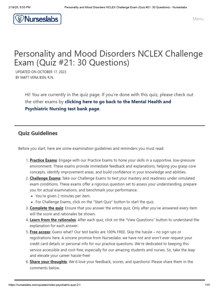 Personality and Mood Disorders NCLEX Challenge Exam (Quiz #21 - 30 ...