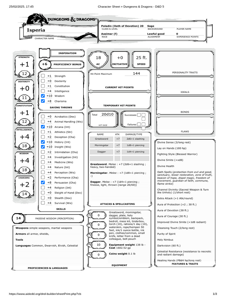 Aasimar Paladin Character Sheet | PDF | Role Playing Games