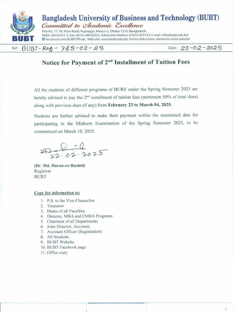 Notice For Payment of 2nd Installment of Tuition Fees Spring 2025 | PDF