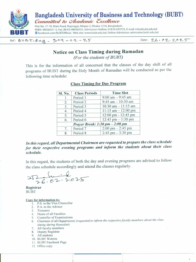 Notice On Class Timing During Ramadan | PDF