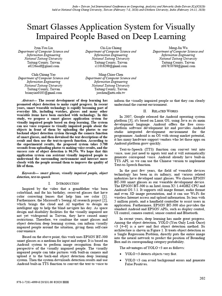 Smart Glasses Application System For Visually Impaired People Based On Deep Learning | PDF ...