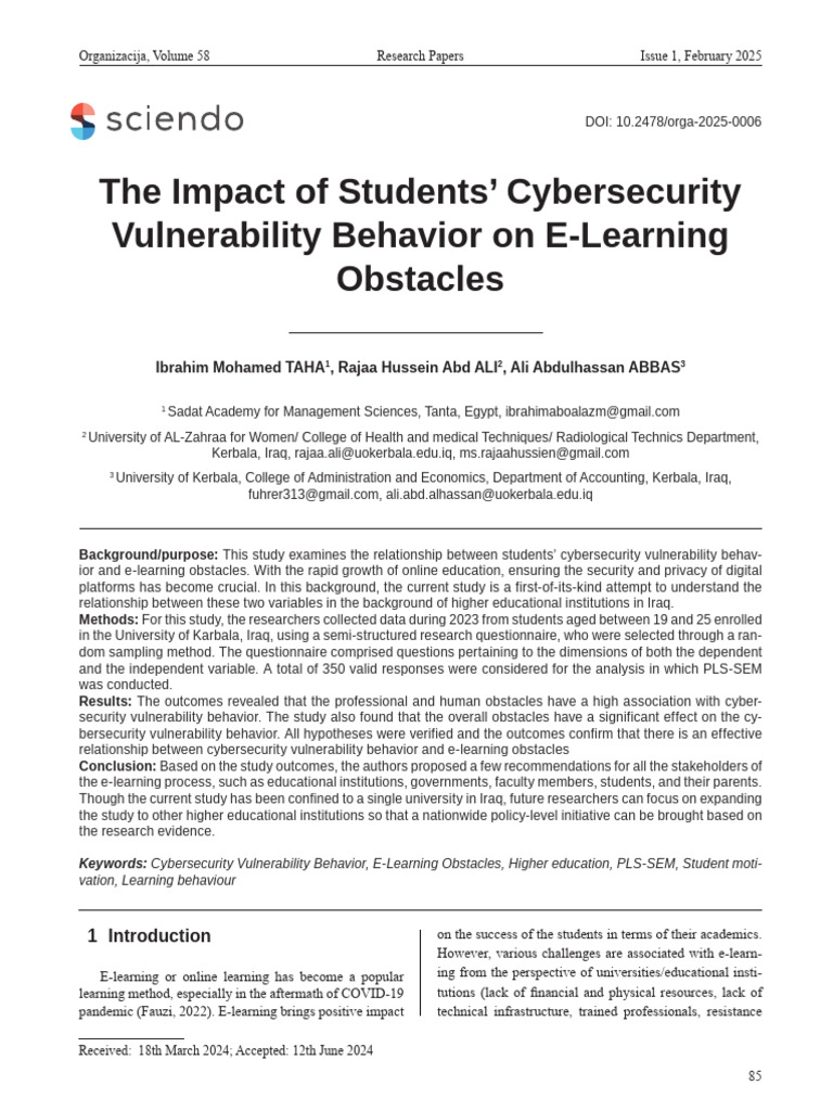 The Impact of Students' Cybersecurity Vulnerability Behavior On E-Learning Obstacles | PDF ...