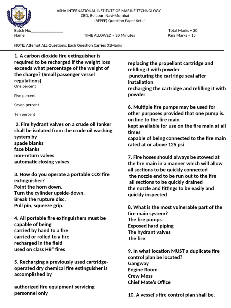 Marine Fire Safety Exam Questions | PDF | Fires | Firefighting
