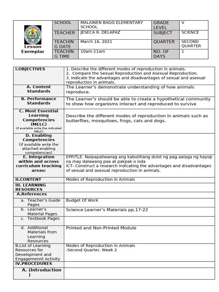 LESSON-EXEMPLAR-SCIENCE 5 | PDF | Reproduction | Sexual Reproduction