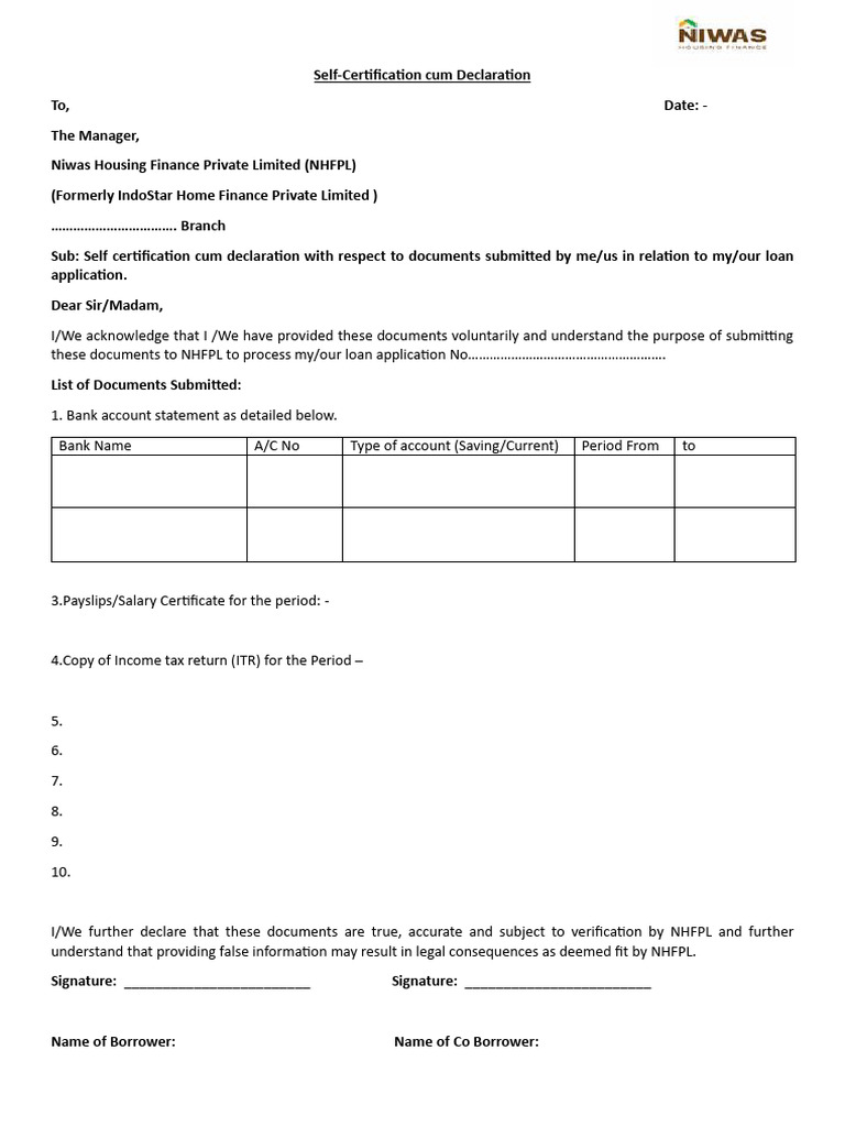 Loan Application Self-Certification Form | PDF