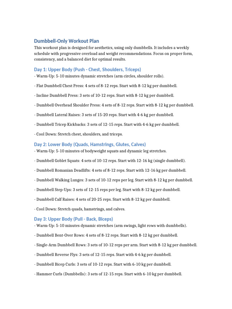 Dumbbell Only Workout Plan | PDF | Physical Fitness | Weight Training
