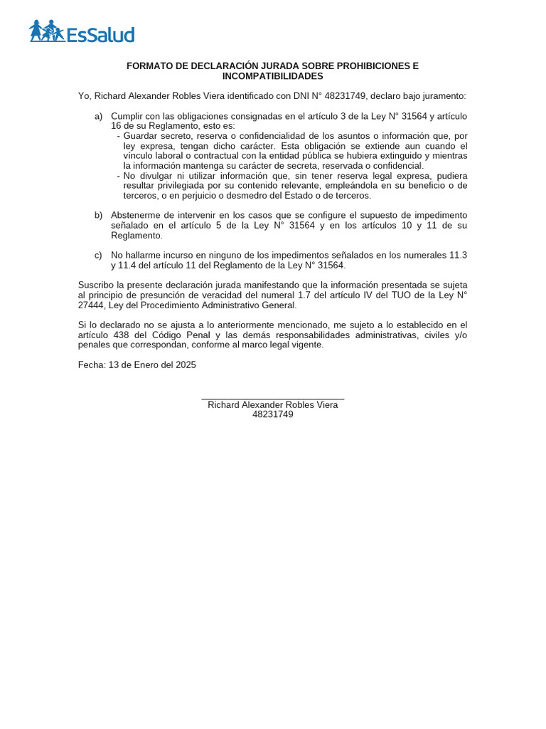 Declaración Jurada de Incompatibilidades | PDF