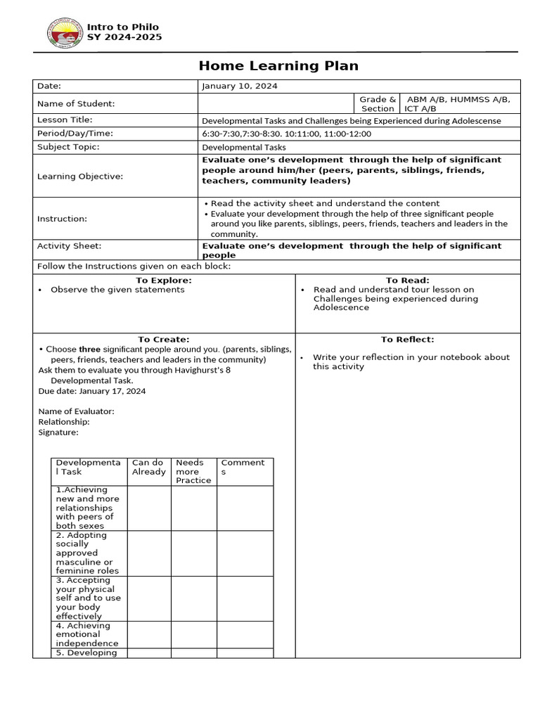 Home Learning Plan PerDev Developmental Tasks and Challenges of Adolescense | PDF | Adolescence ...