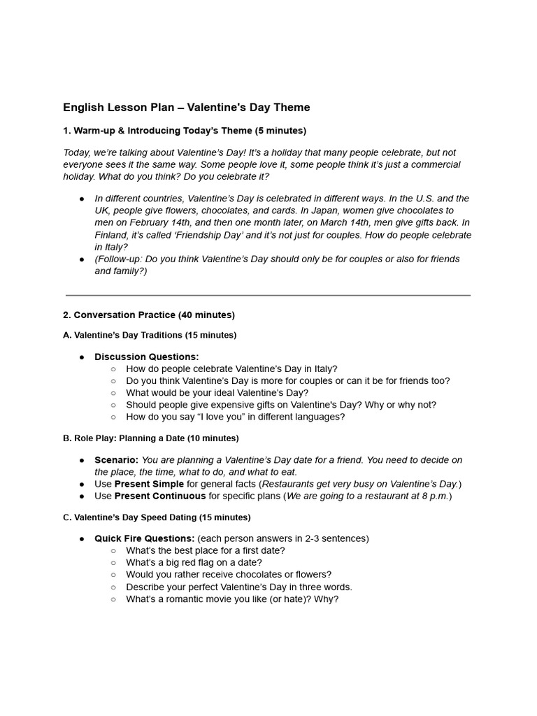 Lesson Plan %E2%80%93 Valentine's Day, Present Simple and Cont.. | PDF ...