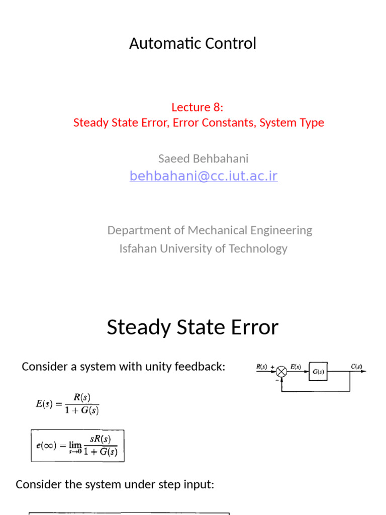 Automatic Control, Lecture 8b, System Type, Error Constants | PDF