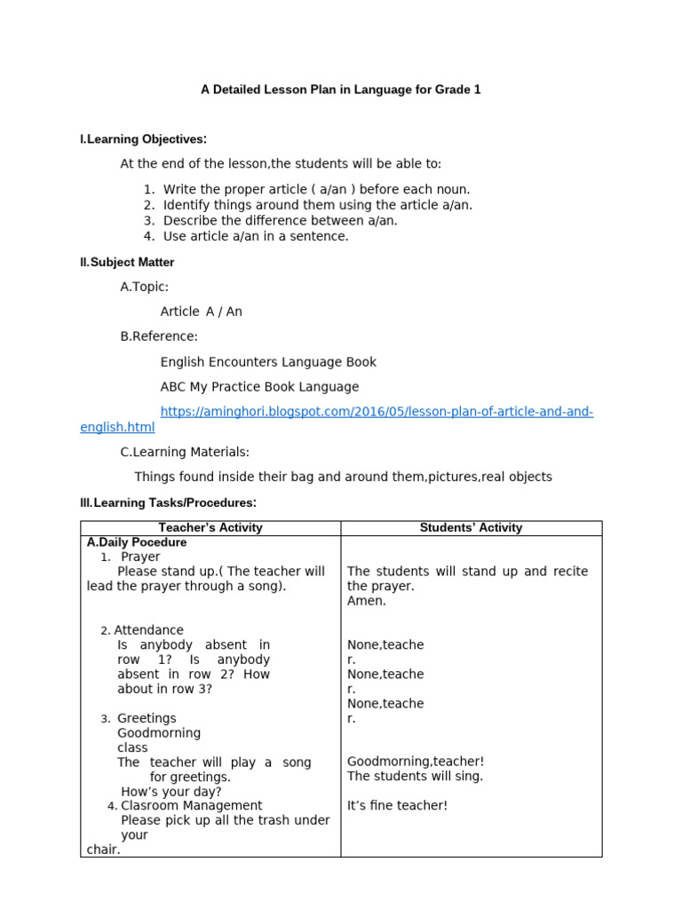 Grade 1 Lesson Plan: Articles A/An | PDF | Consonant | Noun