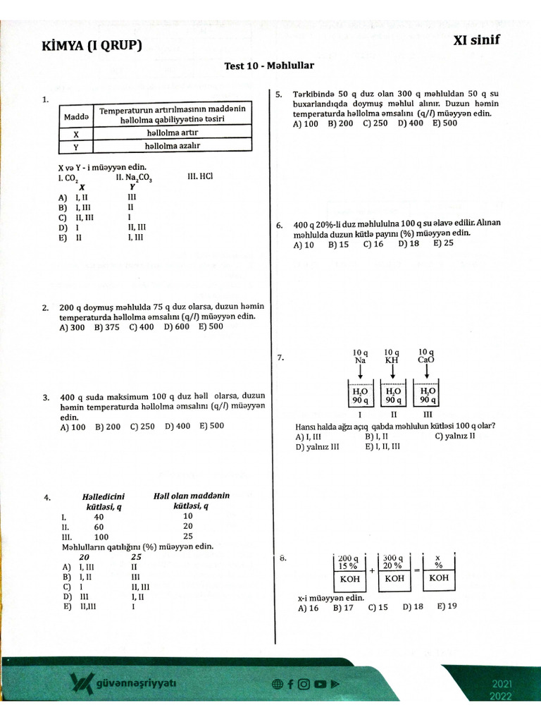 1-Ci Qrup. Quiz 10. Məhlullar. | PDF